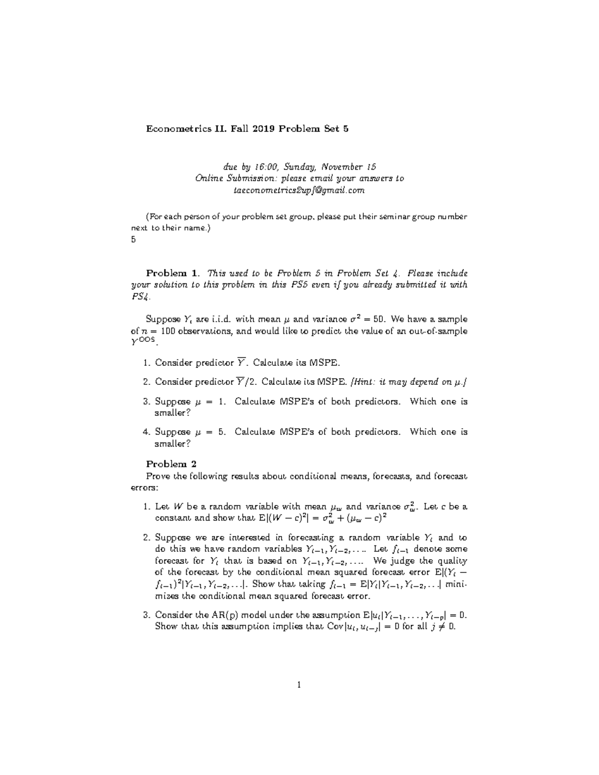 PS 5 - PDA-International Financial Economics-2020-21 - Econometrics II. Fall 2019 Problem Set 5 ...