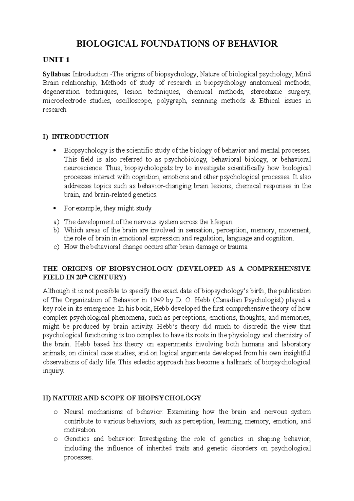 Un 1 notes bio psychology - BIOLOGICAL FOUNDATIONS OF BEHAVIOR UNIT 1 ...