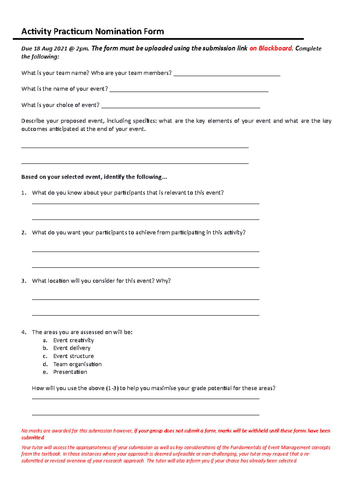 EVNT2000 2021 Assessment 1 Practicum Activity Nomination Form ...