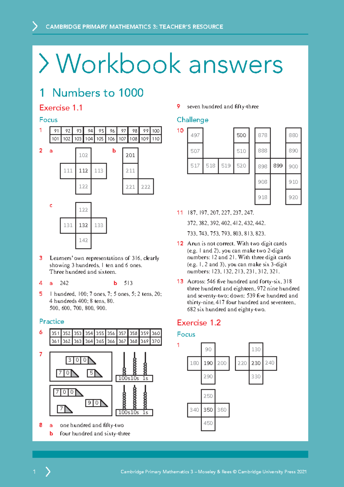 Cambridge Primary Mathematics 3 - Workbook answers 1 Numbers to 1000 ...