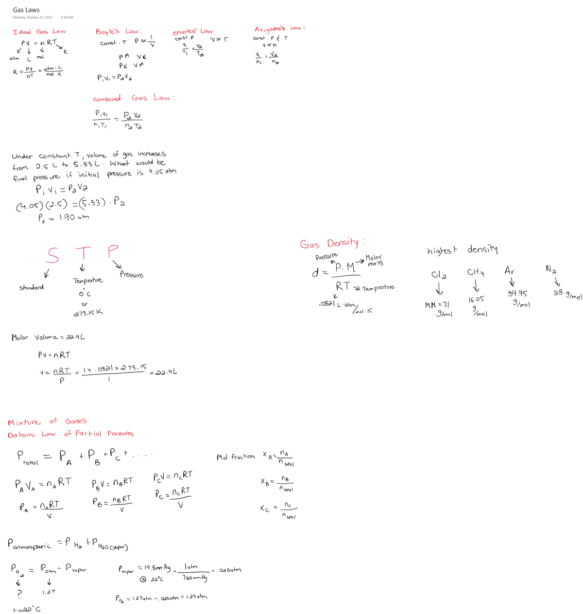 Gas Laws - notes on gas laws - CHEM 1411 - Gas Laws Monday, October 17 ...