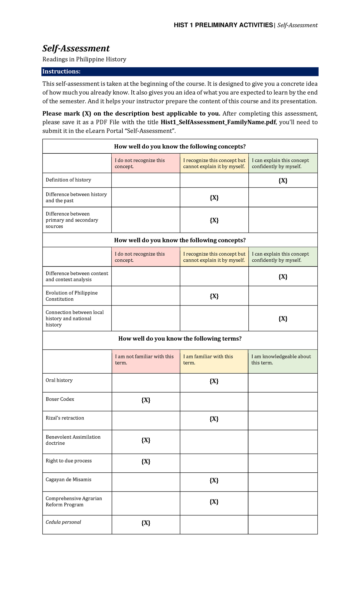 Hist 1 Self Assessment Agbon - HIST 1 PRELIMINARY ACTIVITIES | Self-Assessment Self-Assessment ...