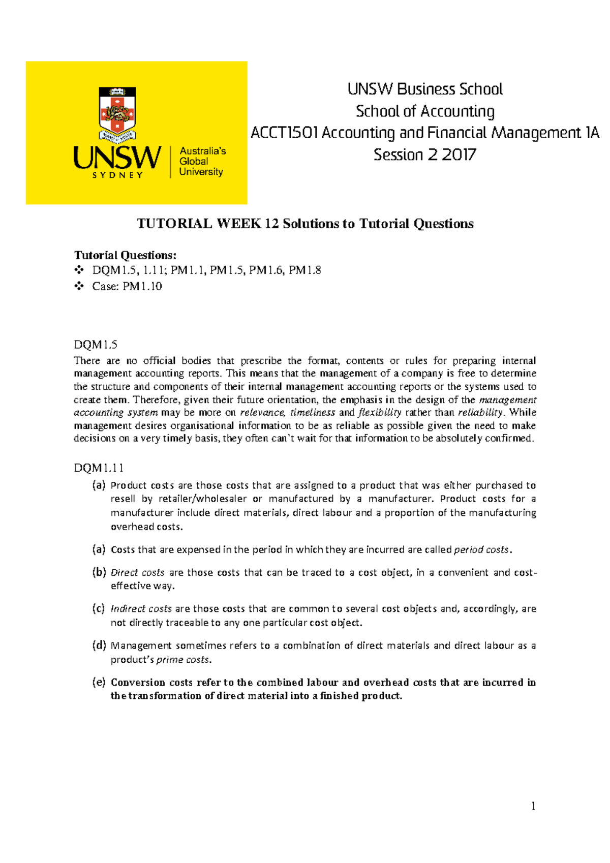 TQ Ans Wk12 - tutorial question - 1 TUTORIAL WEEK 12 Solutions to Tutorial Questions Tutorial ...