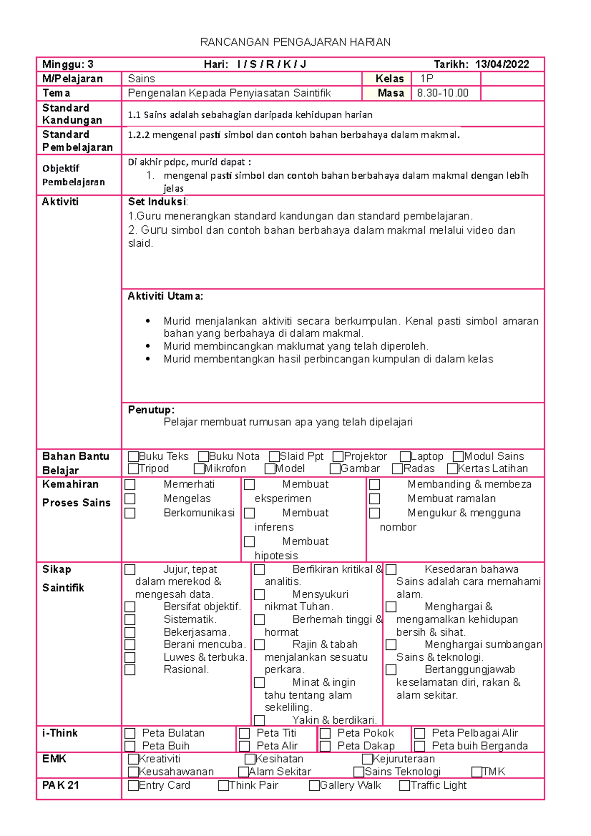 rph sains tingkatan 1 - RANCANGAN PENGAJARAN HARIAN Minggu: 3 Hari: I ...