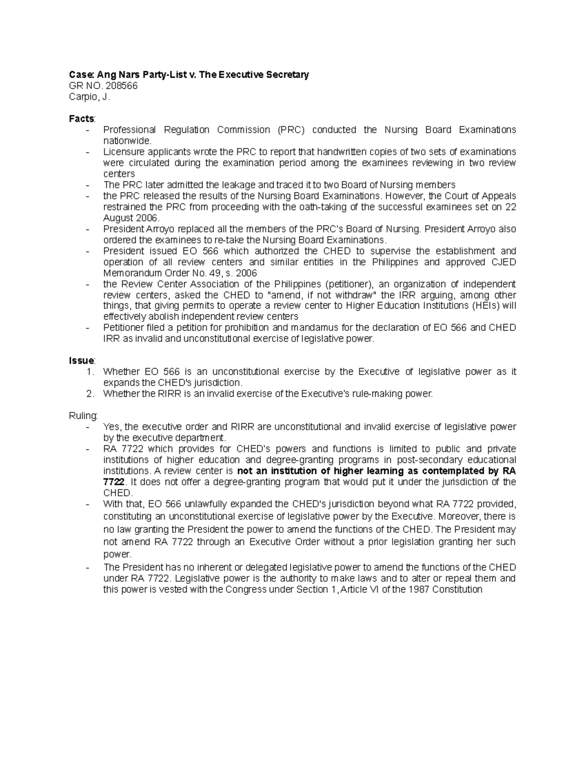 Review Center vs Executive Secretary - Case: Ang Nars Party-List v. The ...