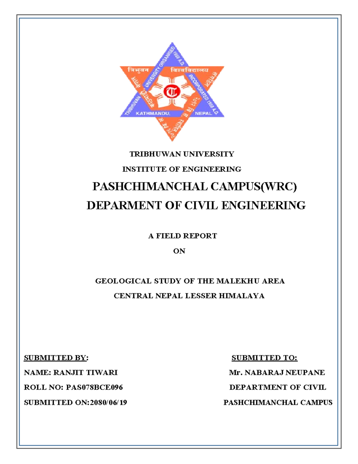 Cover Page - Civil Engineering - TRIBHUWAN UNIVERSITY INSTITUTE OF ...