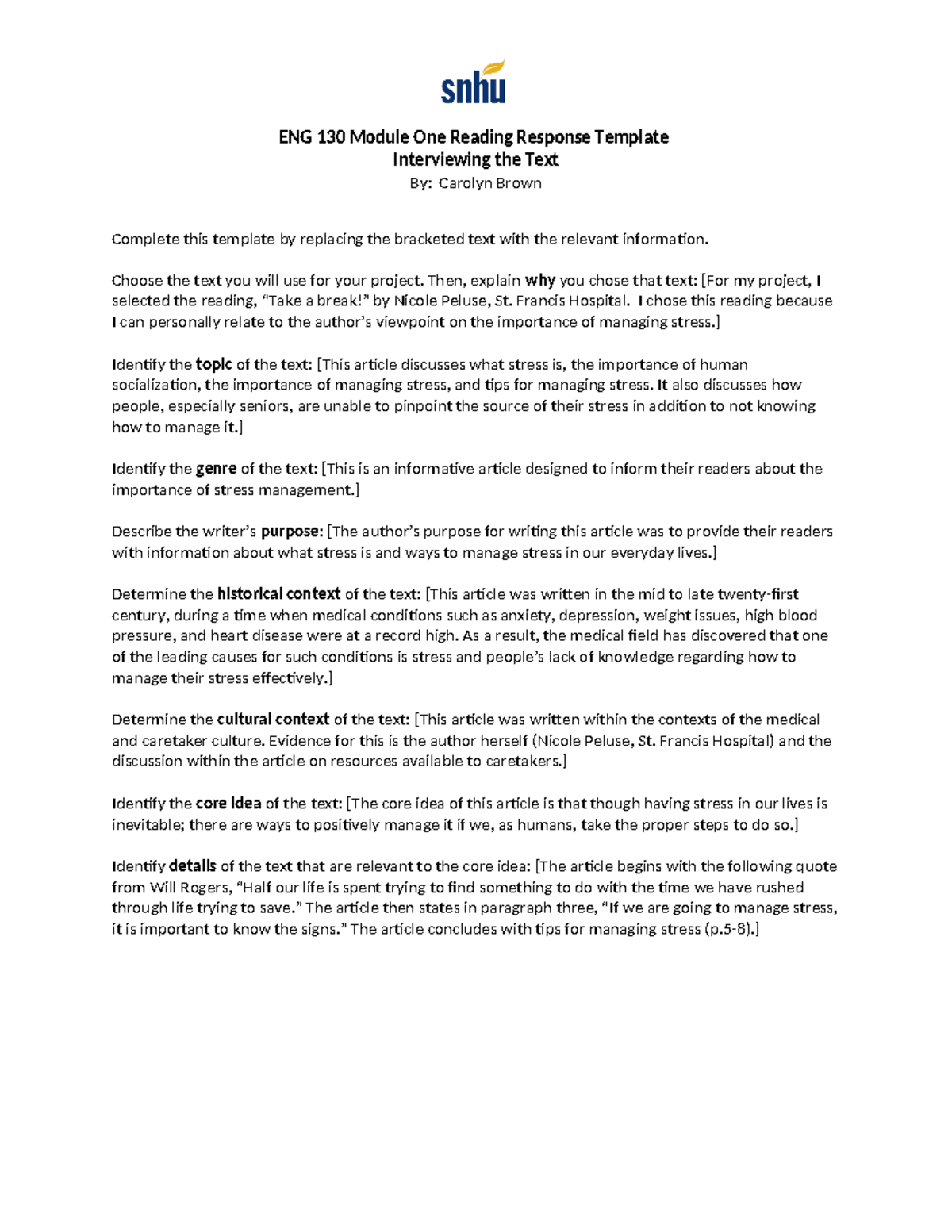 ENG 130 Module One Reading Response - Choose the text you will use for ...