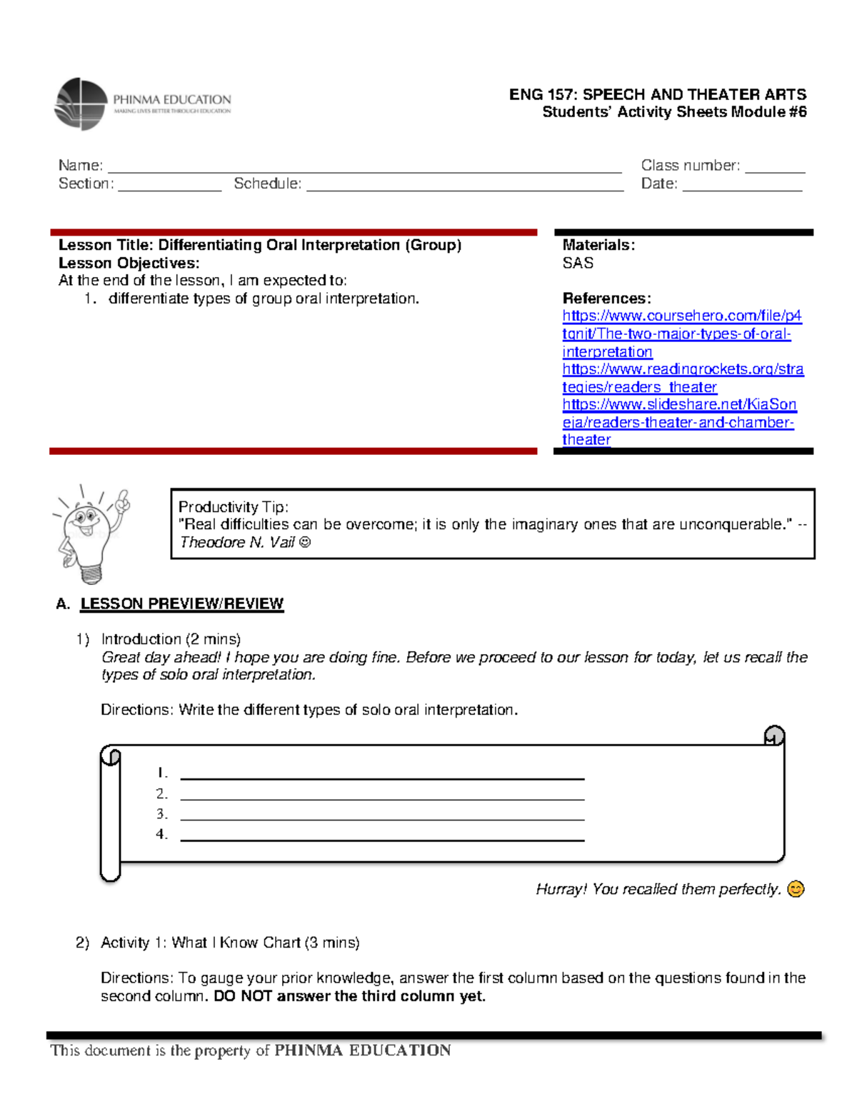 SAS#6 - ENG157 - asd - Students’ Activity Sheets Module # Name: - Studocu