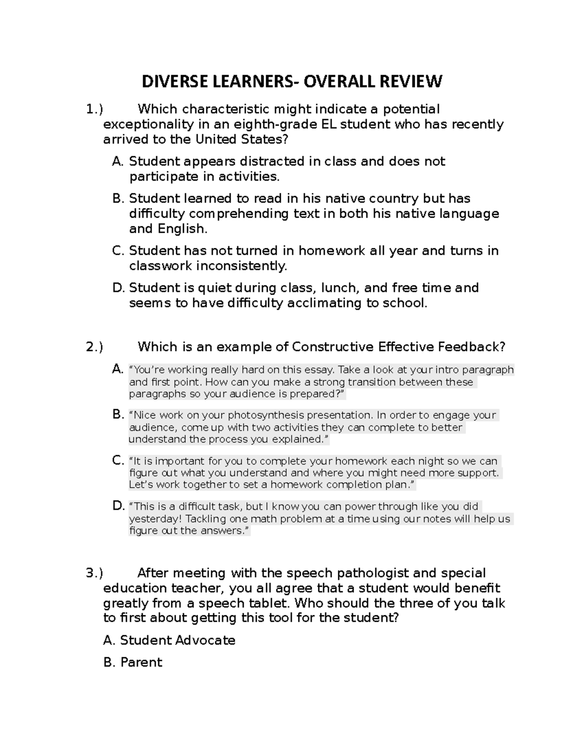 Overall quick review ( 6 questions) - DIVERSE LEARNERS- OVERALL REVIEW ...