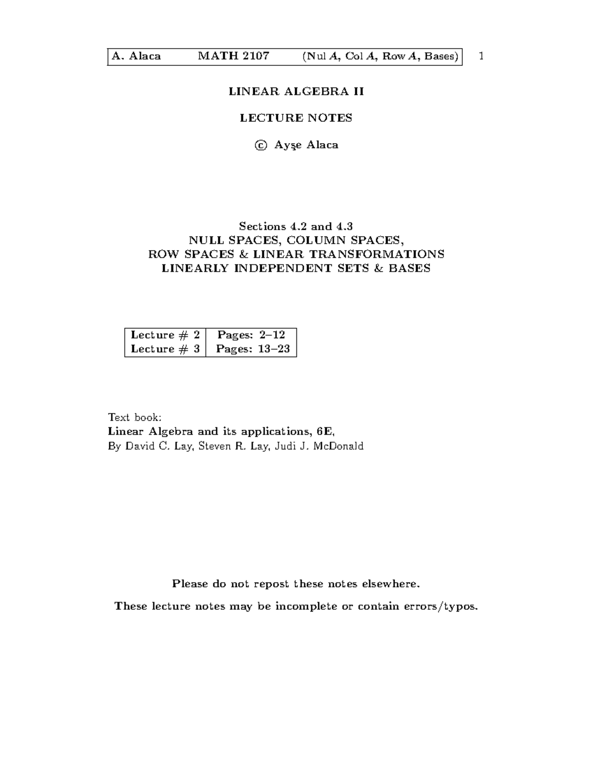 Notes for Lecture 2-3 - LINEAR ALGEBRA II LECTURE NOTES ©c Ay ̧se Alaca ...