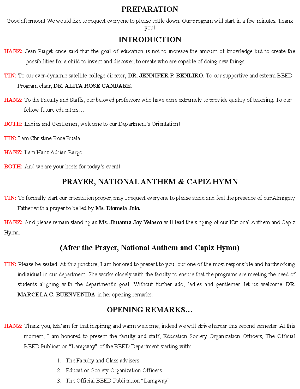 Emcee Script FOR Orientation - PREPARATION Good afternoon! We would ...