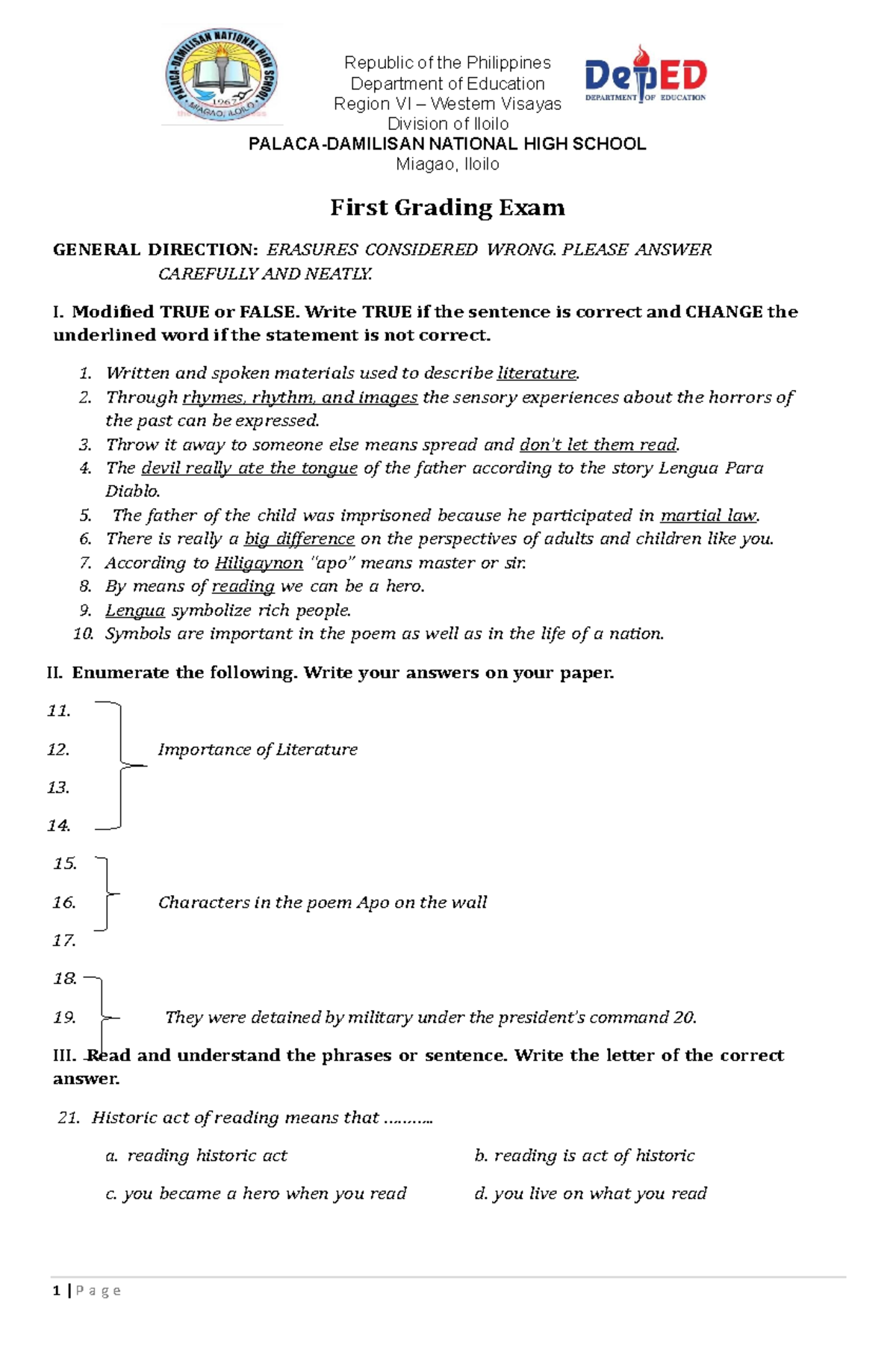 1st grading exam 21st century - Republic of the Philippines Department ...
