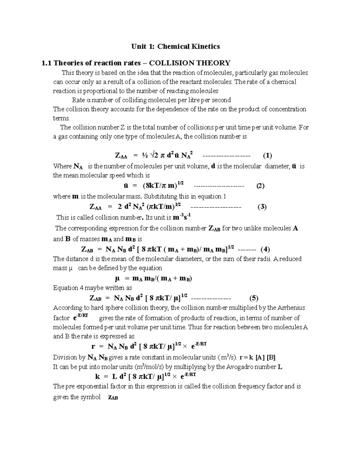 Chemical Kinetics Collision Theory Unit 1 Chemical Kinetics 1 Theories Of Reaction Rates