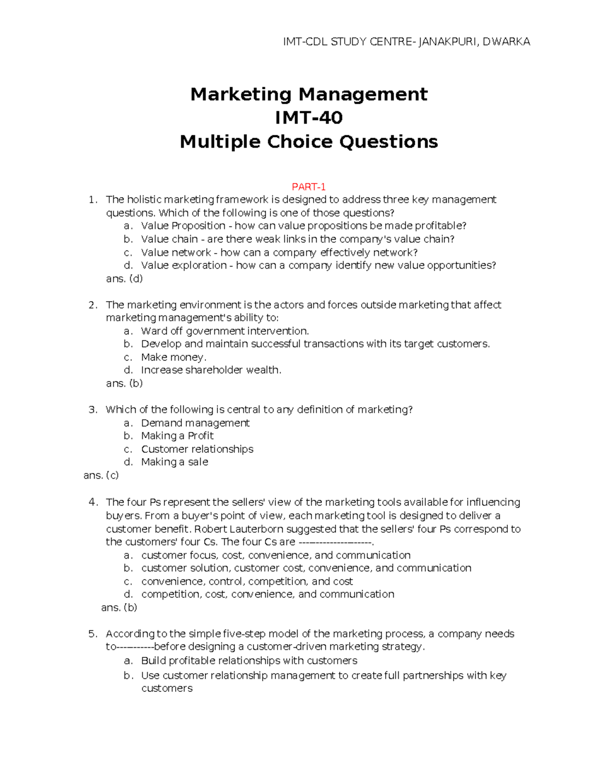 219331472 IMT 40 Marketing Management MCQ - Marketing Management IMT- Multiple Choice Questions ...