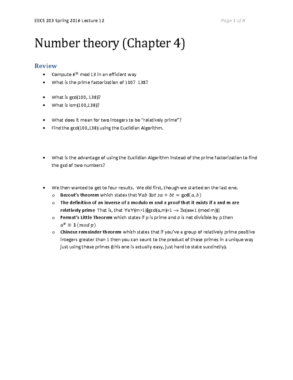 Finish up number theory. Encryption - Number theory (Chapter 4) Review Compute 6 11 mod 13 in an ...