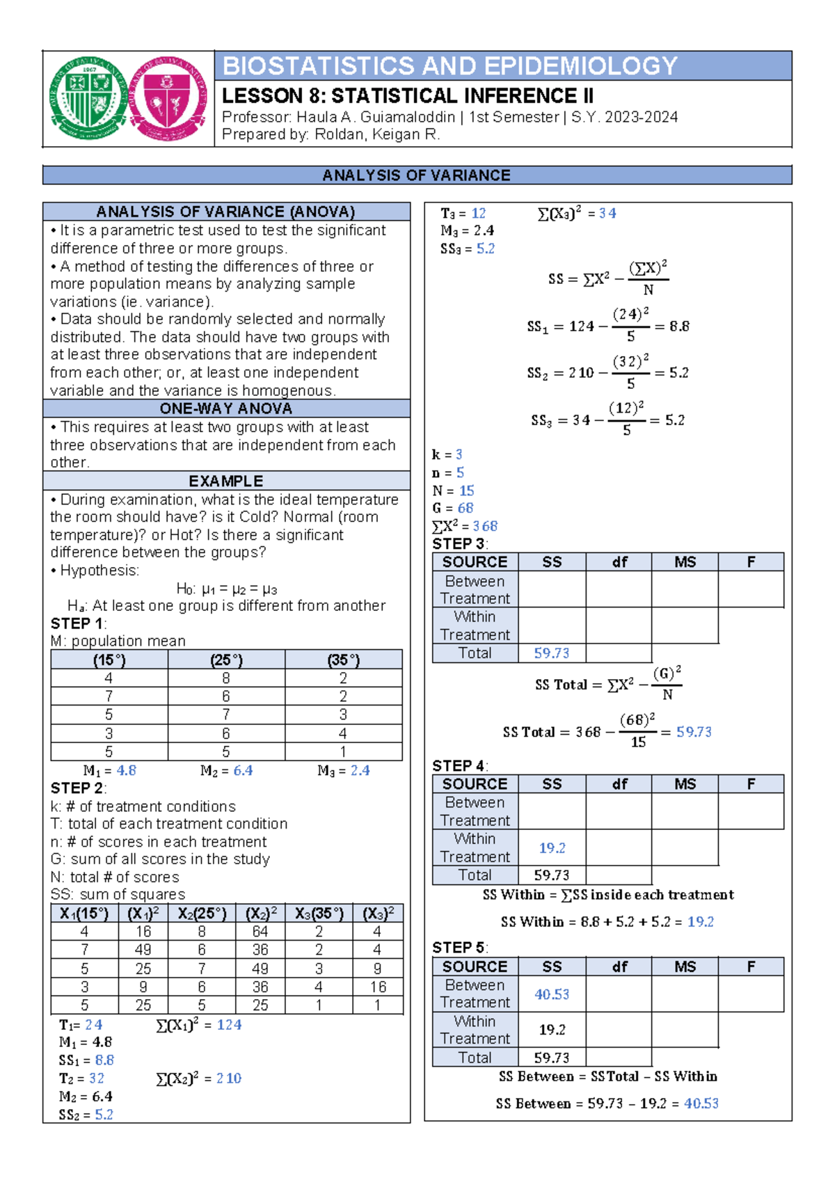 LESSON 8 [BIOE211] - BIOSTATISTICS AND EPIDEMIOLOGY LESSON 8: STATISTICAL INFERENCE II Professor ...