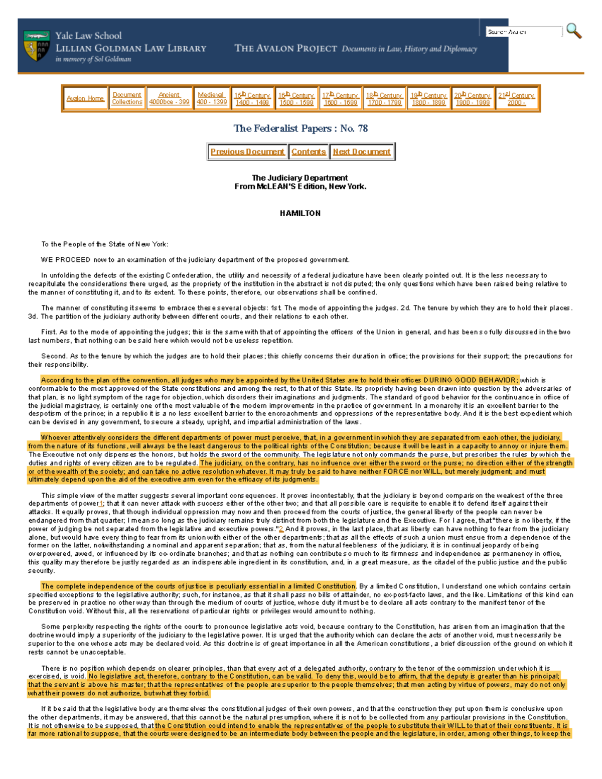 Federalist No 78 - Avalon Home Document Collections Ancient 4000bce ...