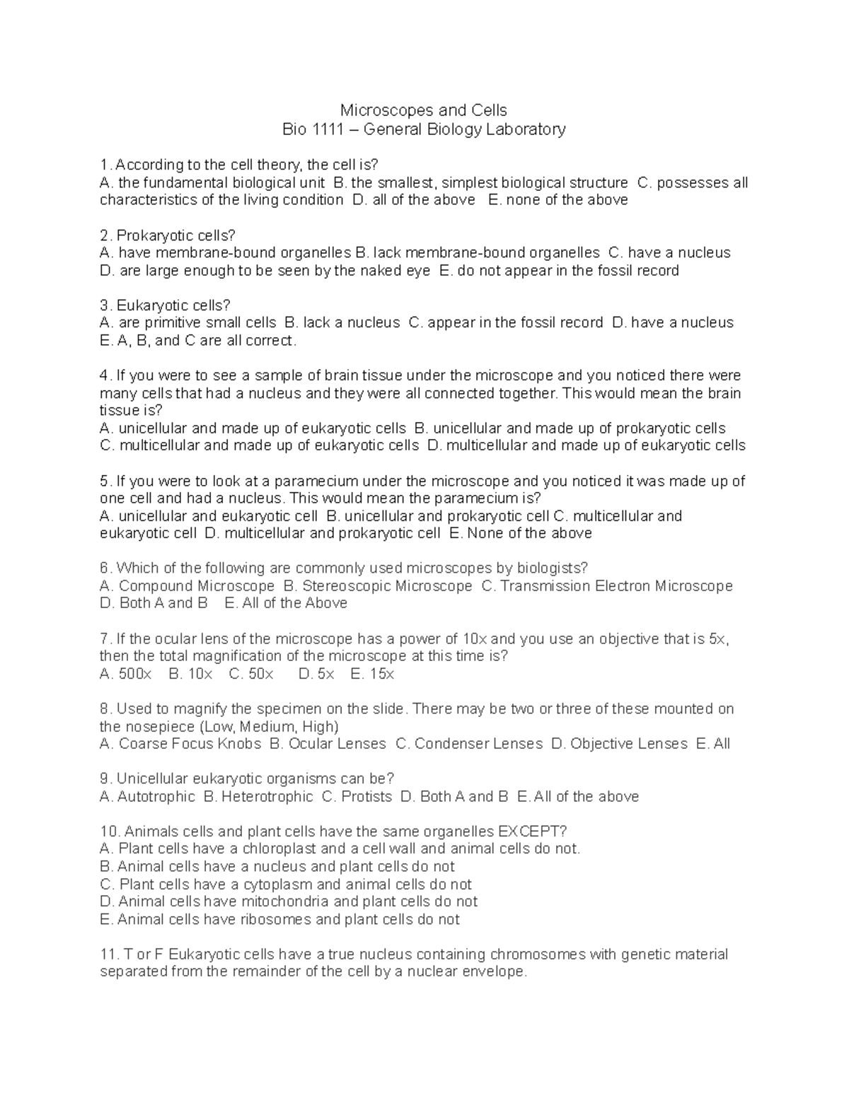 Microscope and Cells Homework - Microscopes and Cells Bio 1111 ...