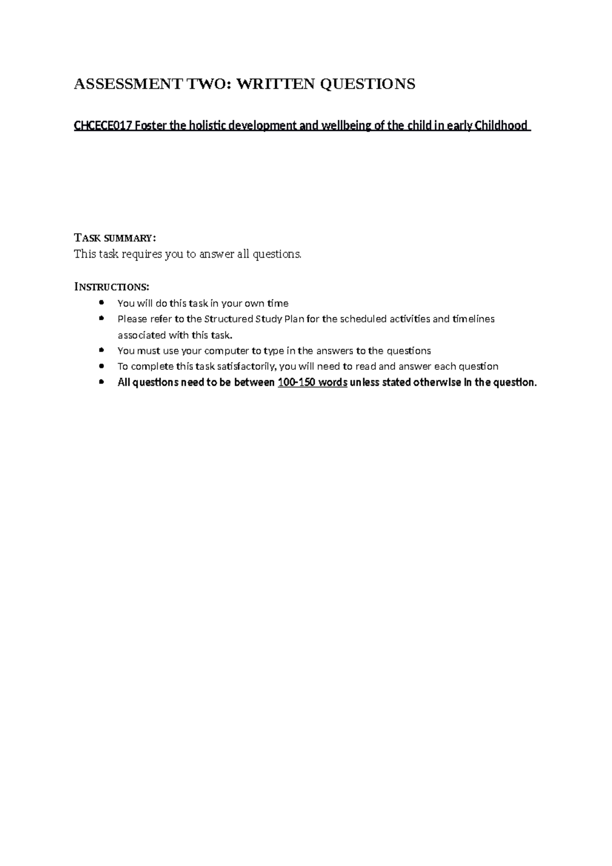 Assessment 2 correct - ASSESSMENT TWO: WRITTEN QUESTIONS CHCECE017 ...