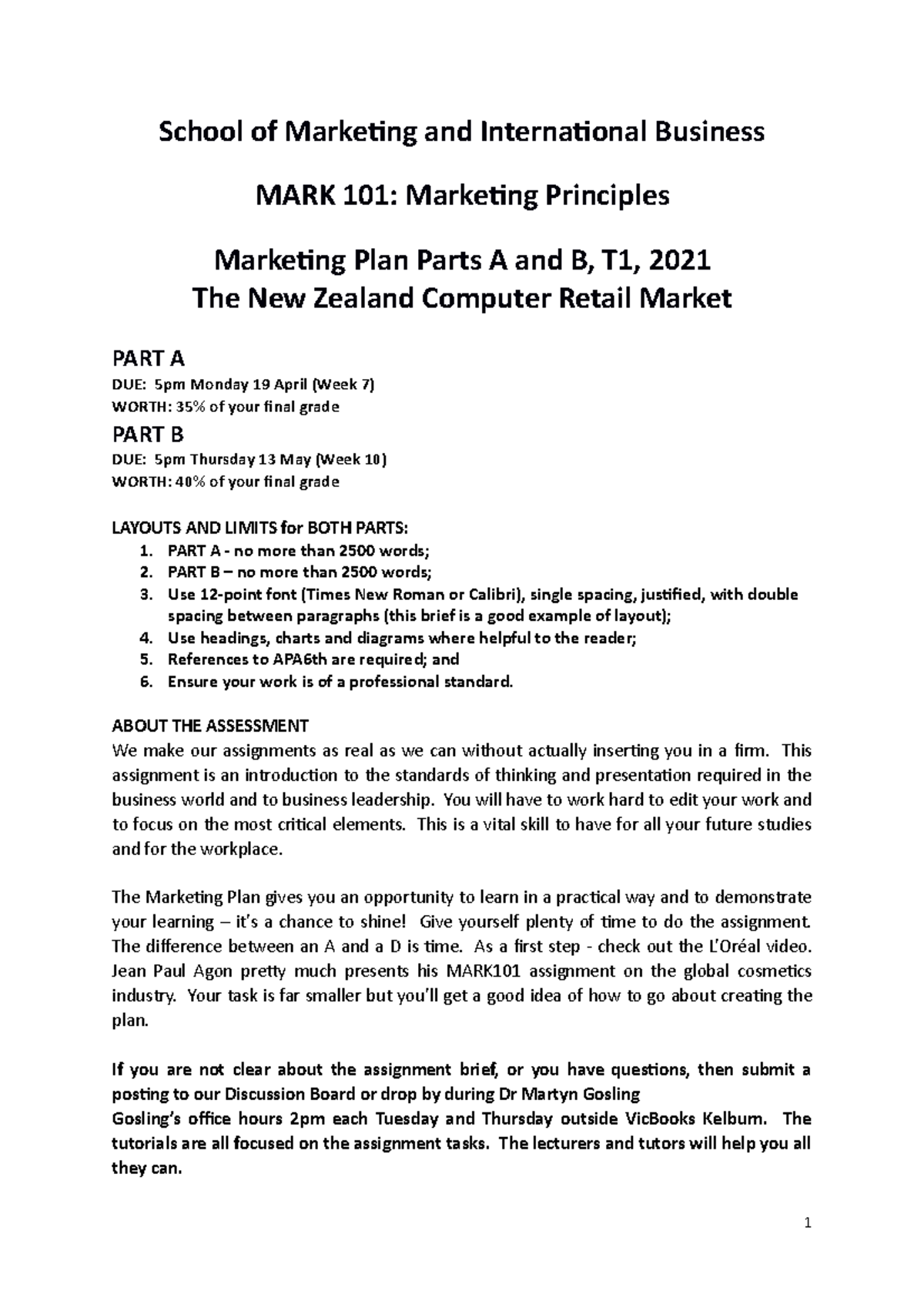 MARK101 T1 2021 Assessment Part A and Part B brief - School of ...