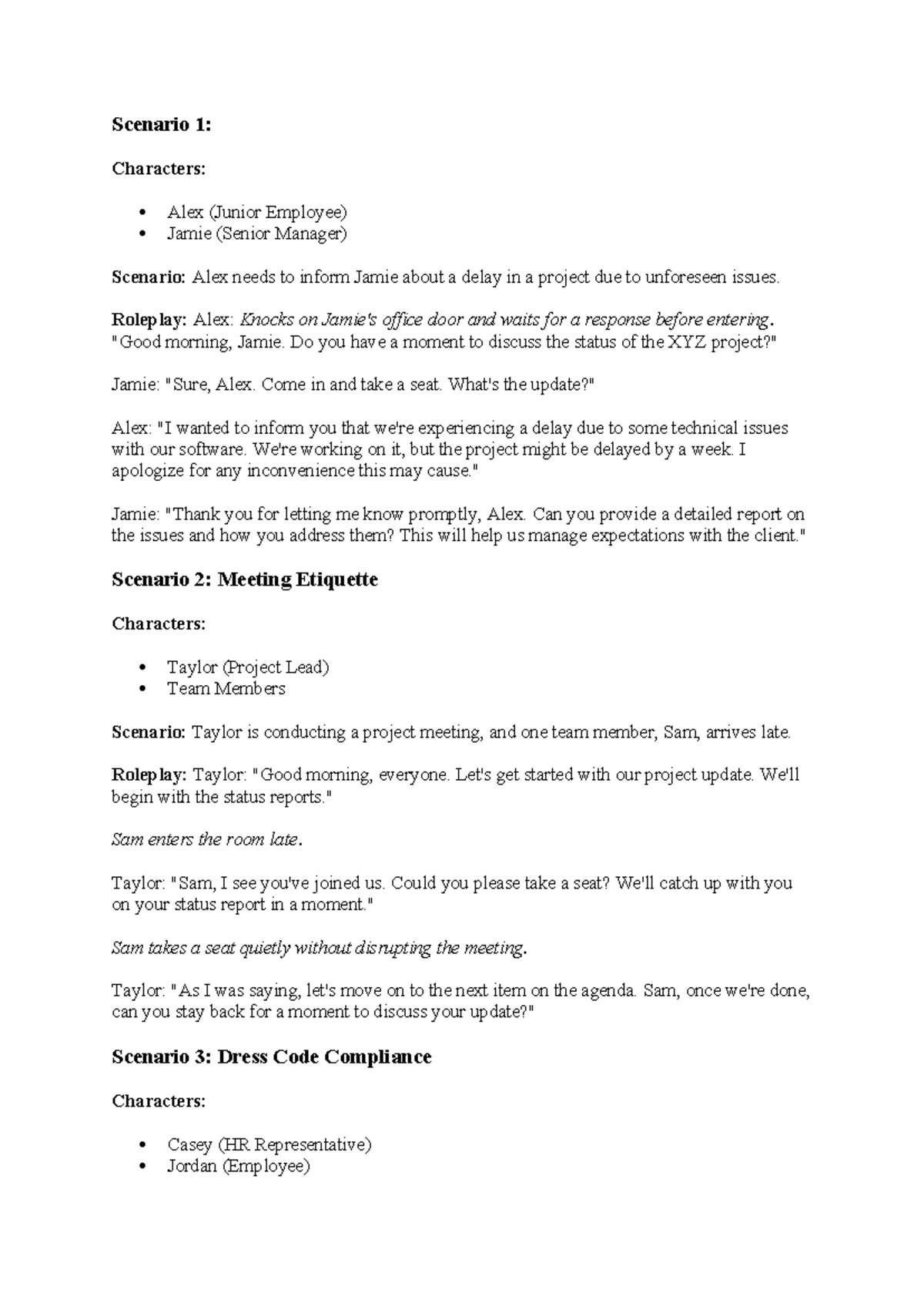 Role play scenarios for Business Etiquette - Scenario 1: Characters ...