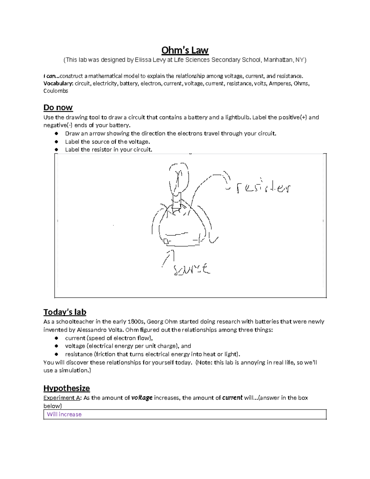 Copy of Lab 18 - Ohm's Law - Ohm’s Law (This lab was designed by Elissa ...