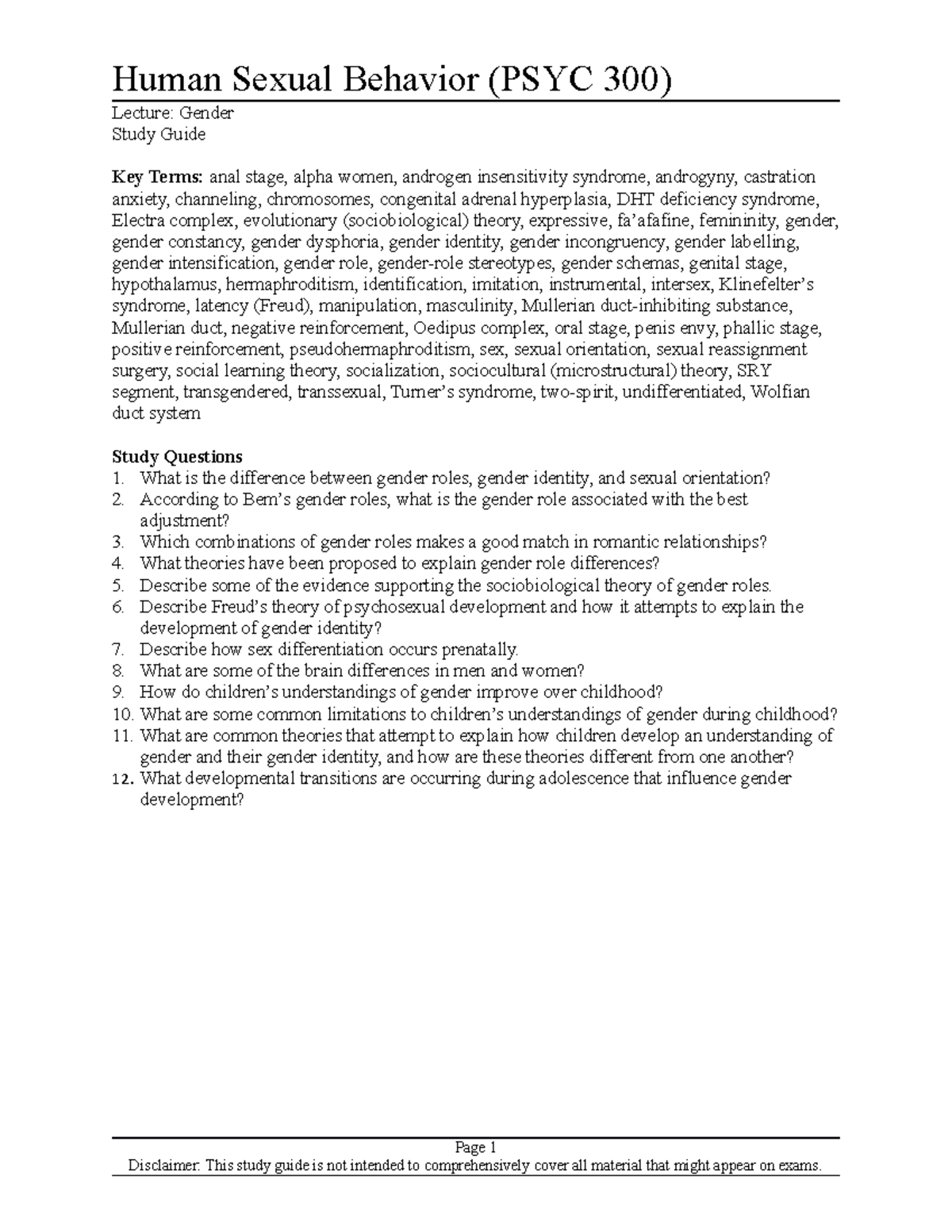 Study Guide (Gender) - Human Sexual Behavior (PSYC 300) Lecture: Gender ...