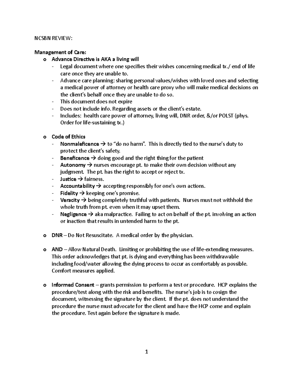 Ncsbn Review Nclex - NCSBN REVIEW: Management of Care: o Advance ...