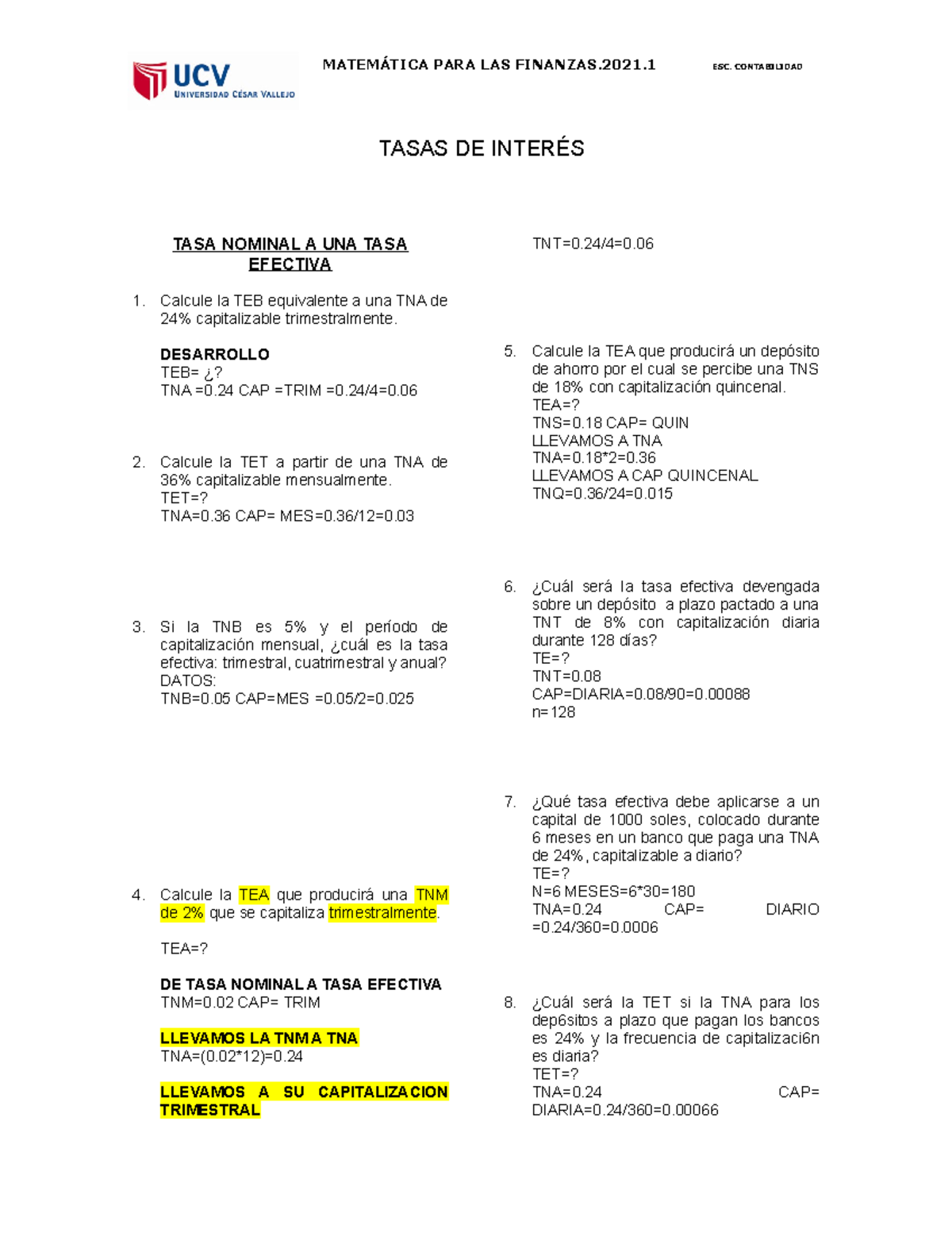 01. Trabajo DE AULA Valor DEL Dinero EN EL Tiempo TASA DE Interes(1 ...