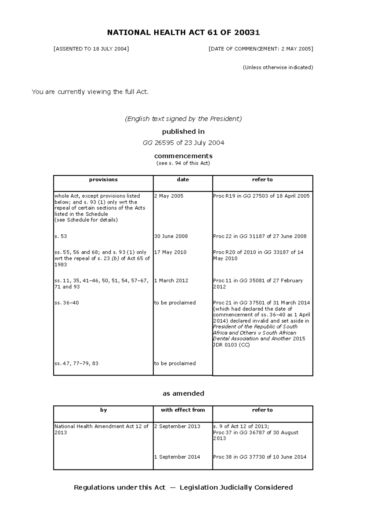 National Health ACT 61 OF 2003 - NATIONAL HEALTH ACT 61 OF 20031 ...