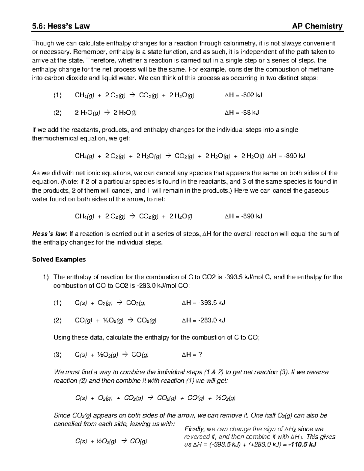 Hess's law - bleh - 5: Hess’s Law AP Chemistry Though we can calculate ...