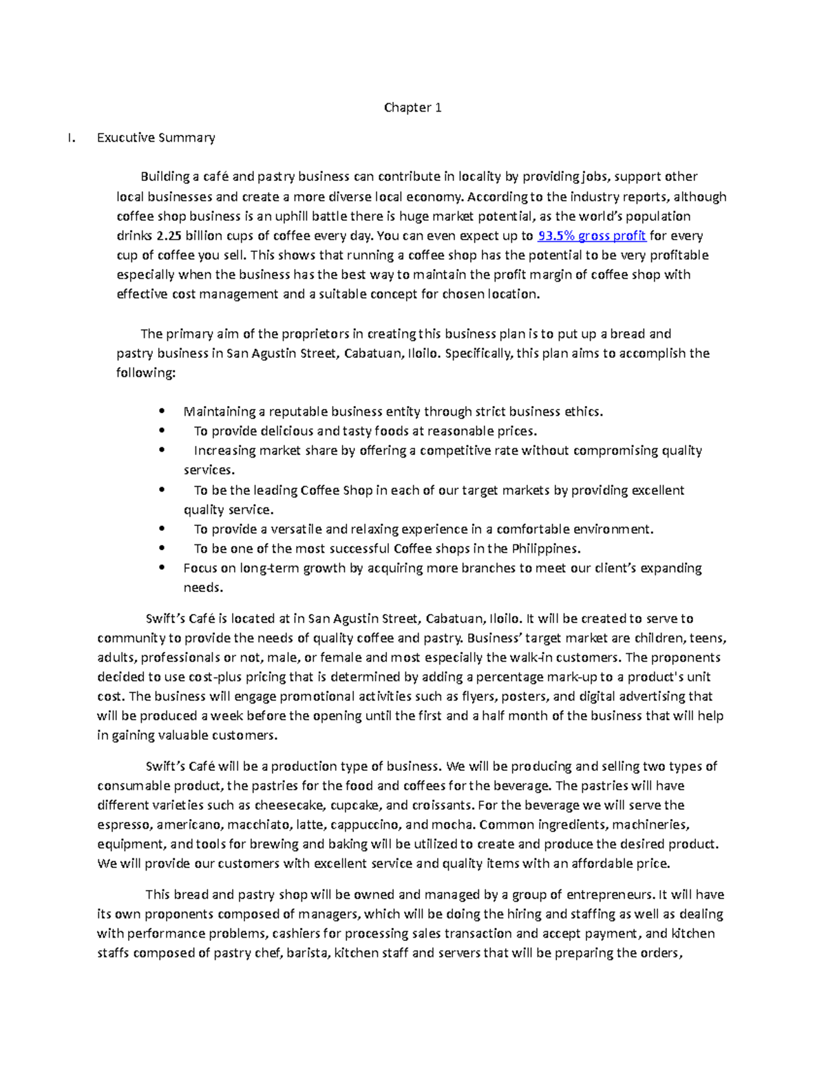 Chapter 1 - entrepreneurship - Chapter 1 I. Exucutive Summary Building ...