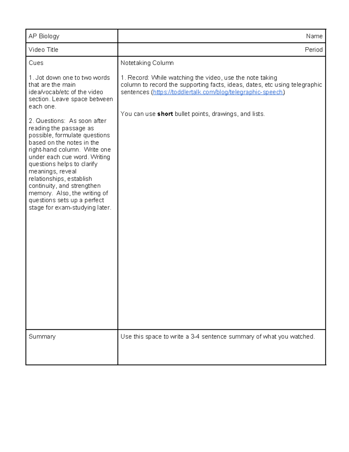 Copy of Cornell Notes Template - AP Biology Name Video Title Period ...