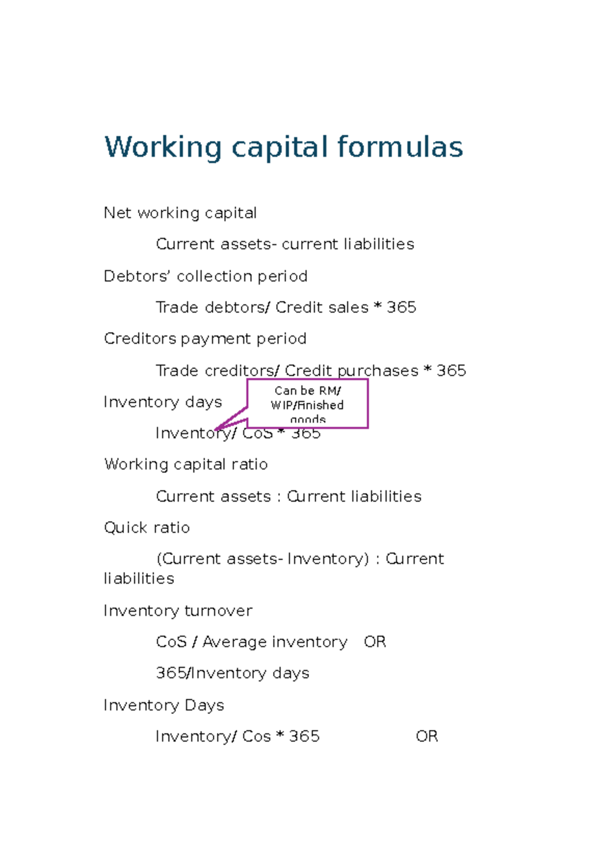 Formulas - Summary Management Accounting - Working capital formulas Net ...