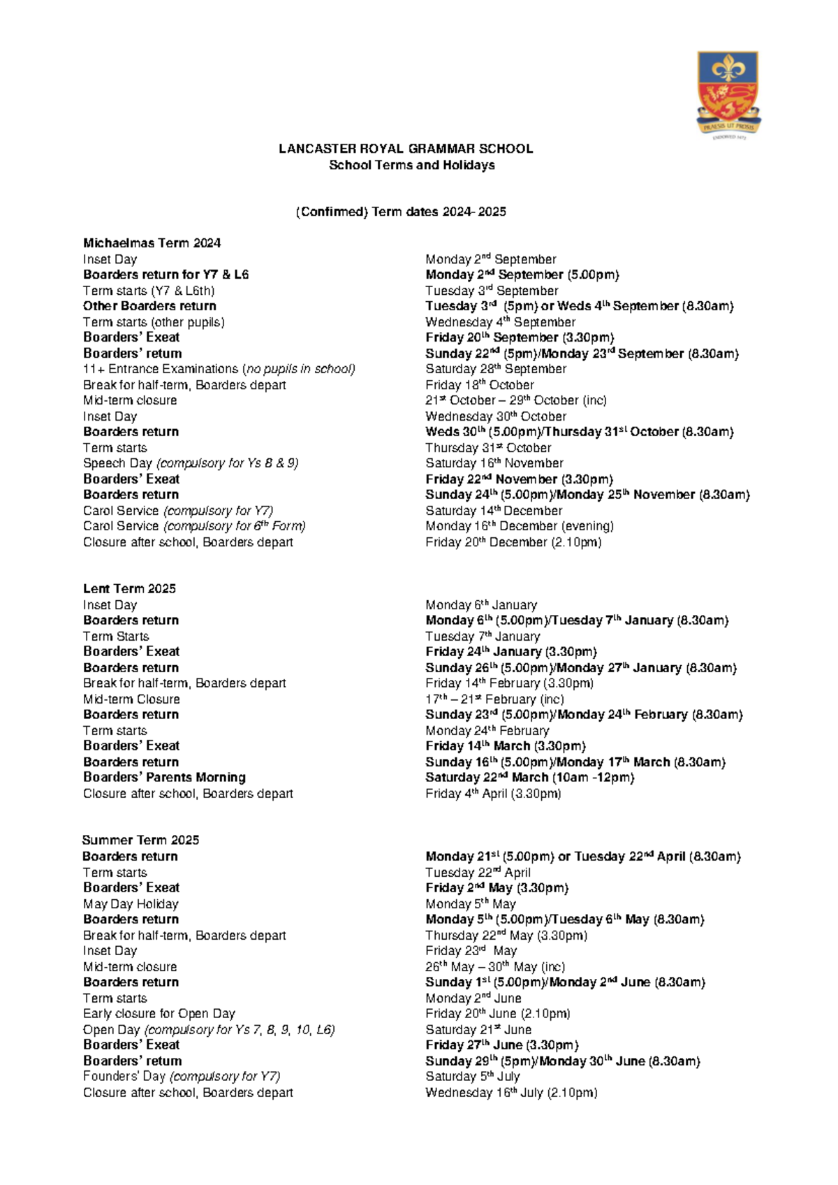 Approved Term Dates 2024 2026 - LANCASTER ROYAL GRAMMAR SCHOOL School ...