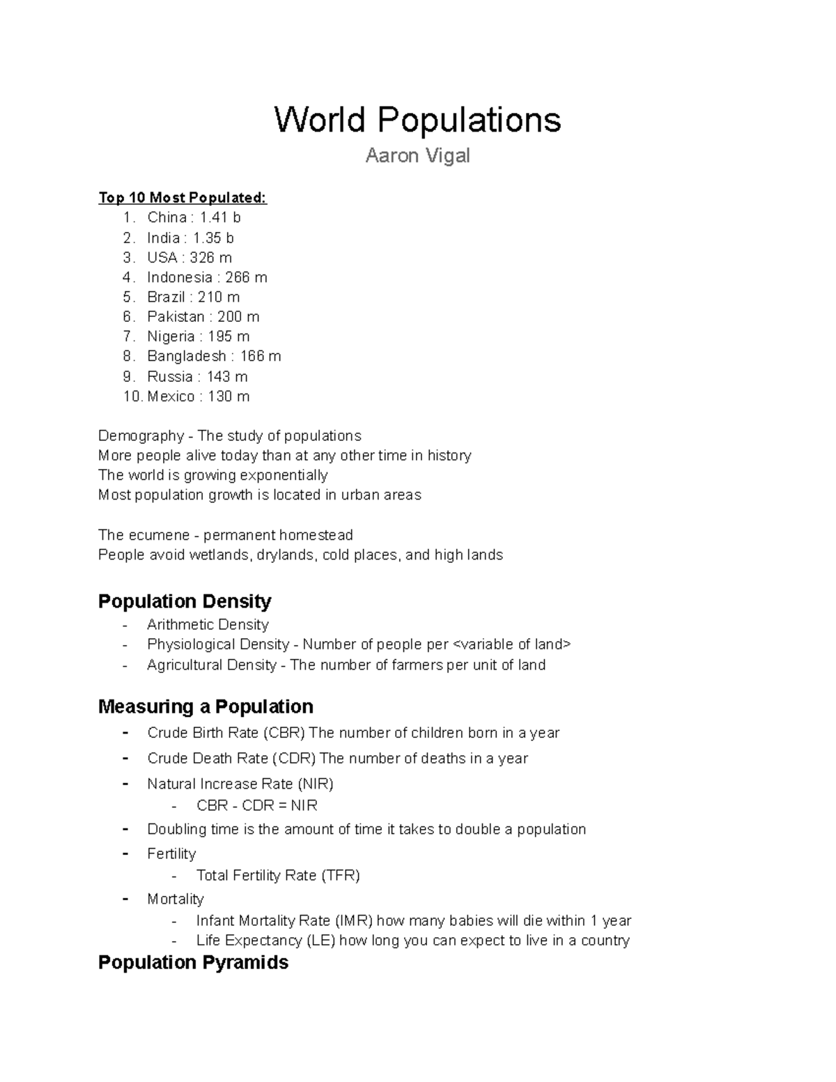 Population (Ch. 2) - Lecture notes 2-8 - World Populations Aaron Vigal ...
