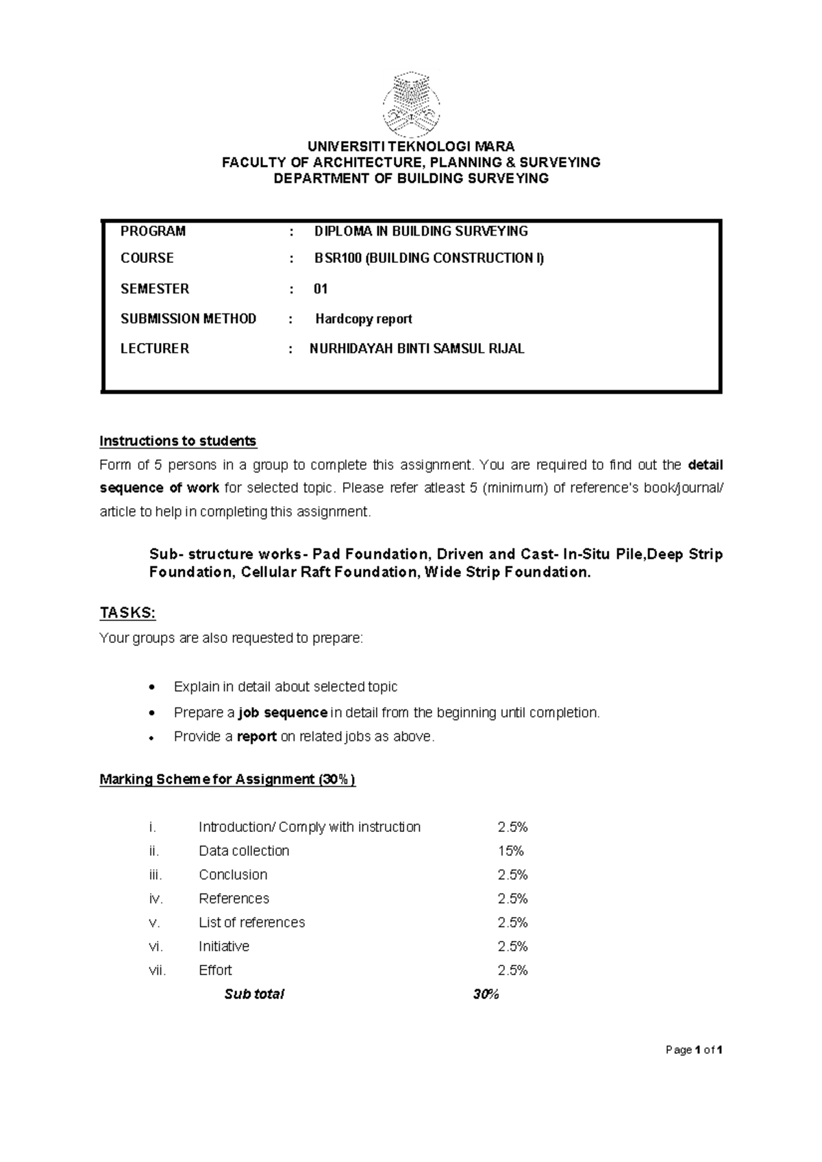Assignment 1-Sub structure works - Page 1 of 1 UNIVERSITI TEKNOLOGI ...