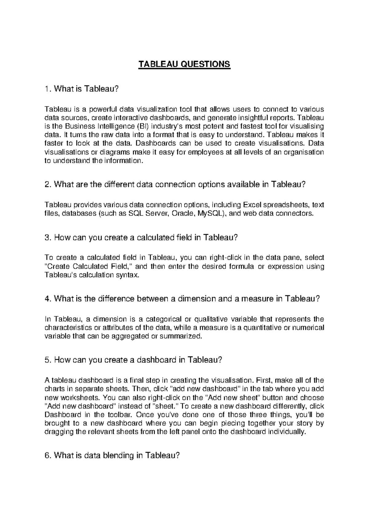 Tableau Questions - whoever is reading this, - TABLEAU QUESTIONS 1 ...