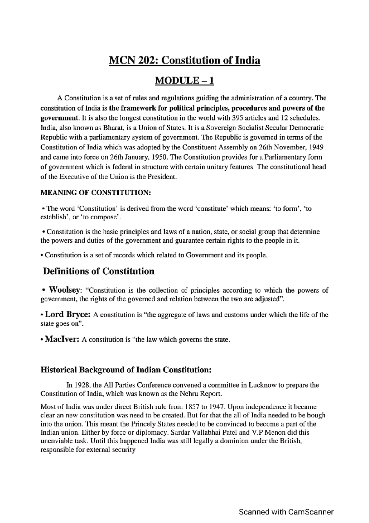COI Full Class Note - MCN 202: Constitution of India 1 A Constitution ...