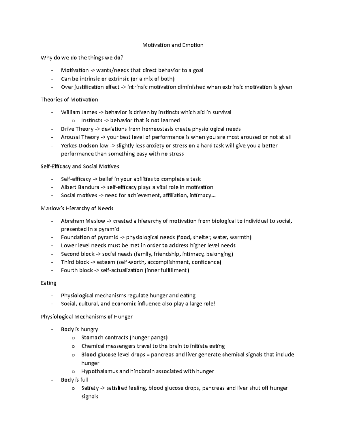 Chapter Ten Psych 1000 Notes - Motivation and Emotion Why do we do the ...