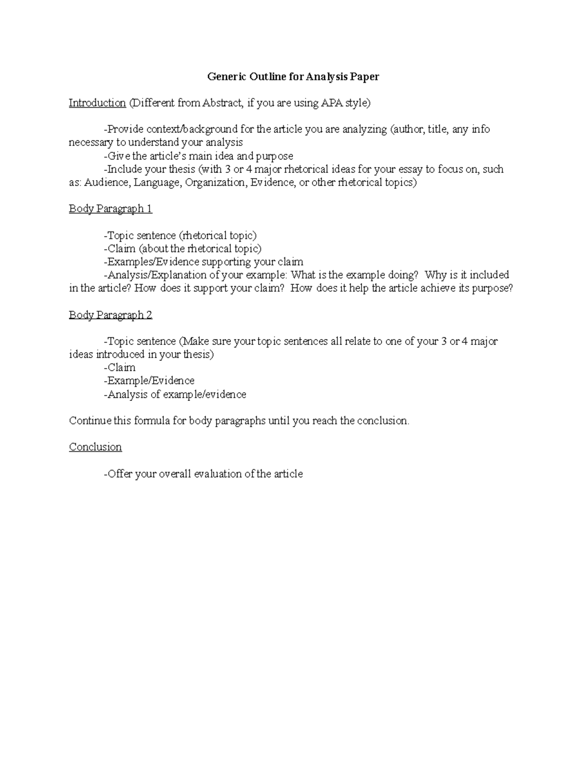 Generic Outline for Analysis Paper - Generic Outline for Analysis Paper ...
