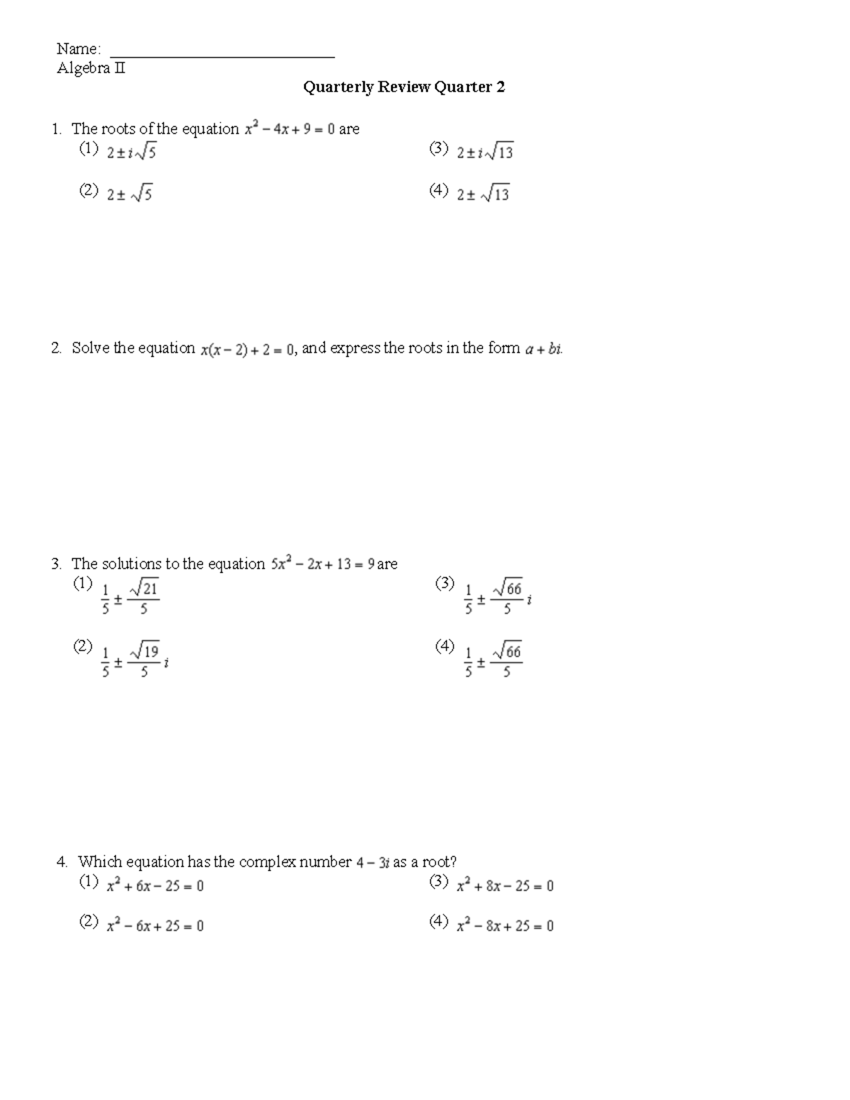 Algebra 2 Quarterly Exam Quarter 2 Review (2021) - Name ...