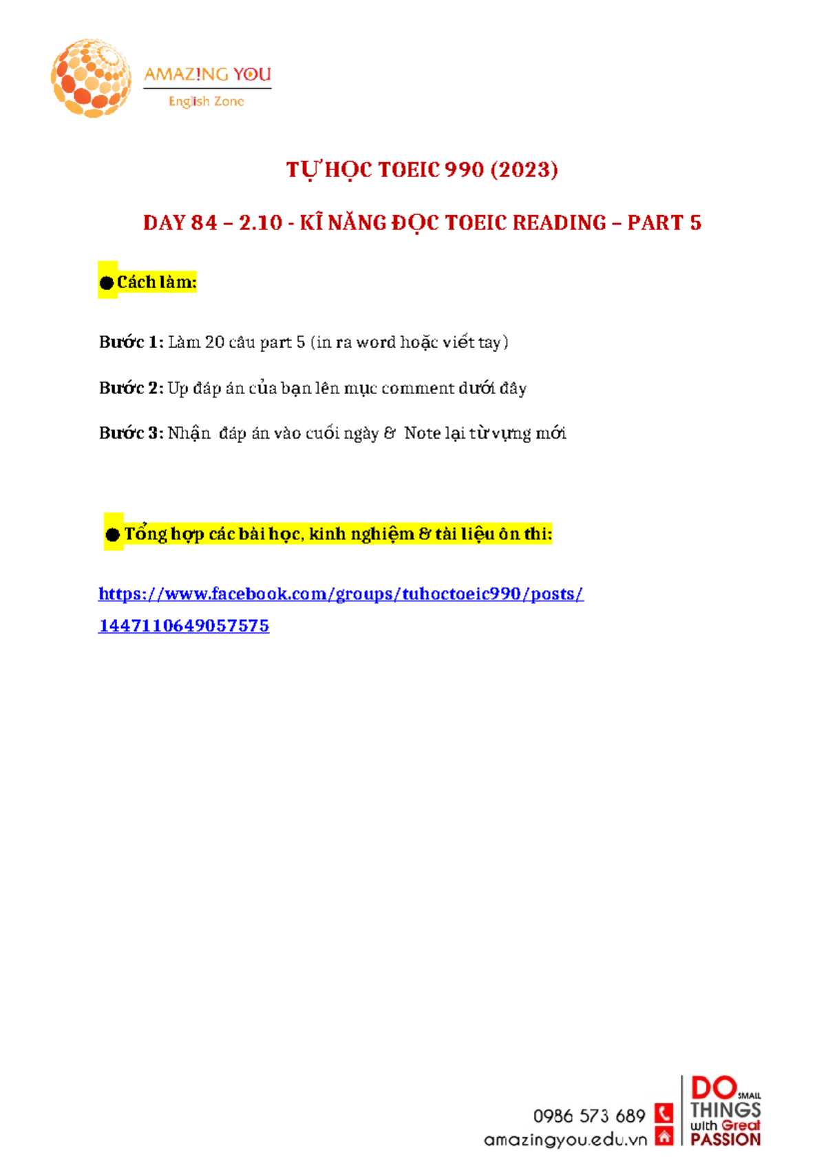 Day 84 - 2.10 - Toeic Reading Part 5 - T Ự H ỌC TOEIC 990 (2023) DAY 84 – 2 - KĨ NĂNG Đ ỌC TOEIC ...