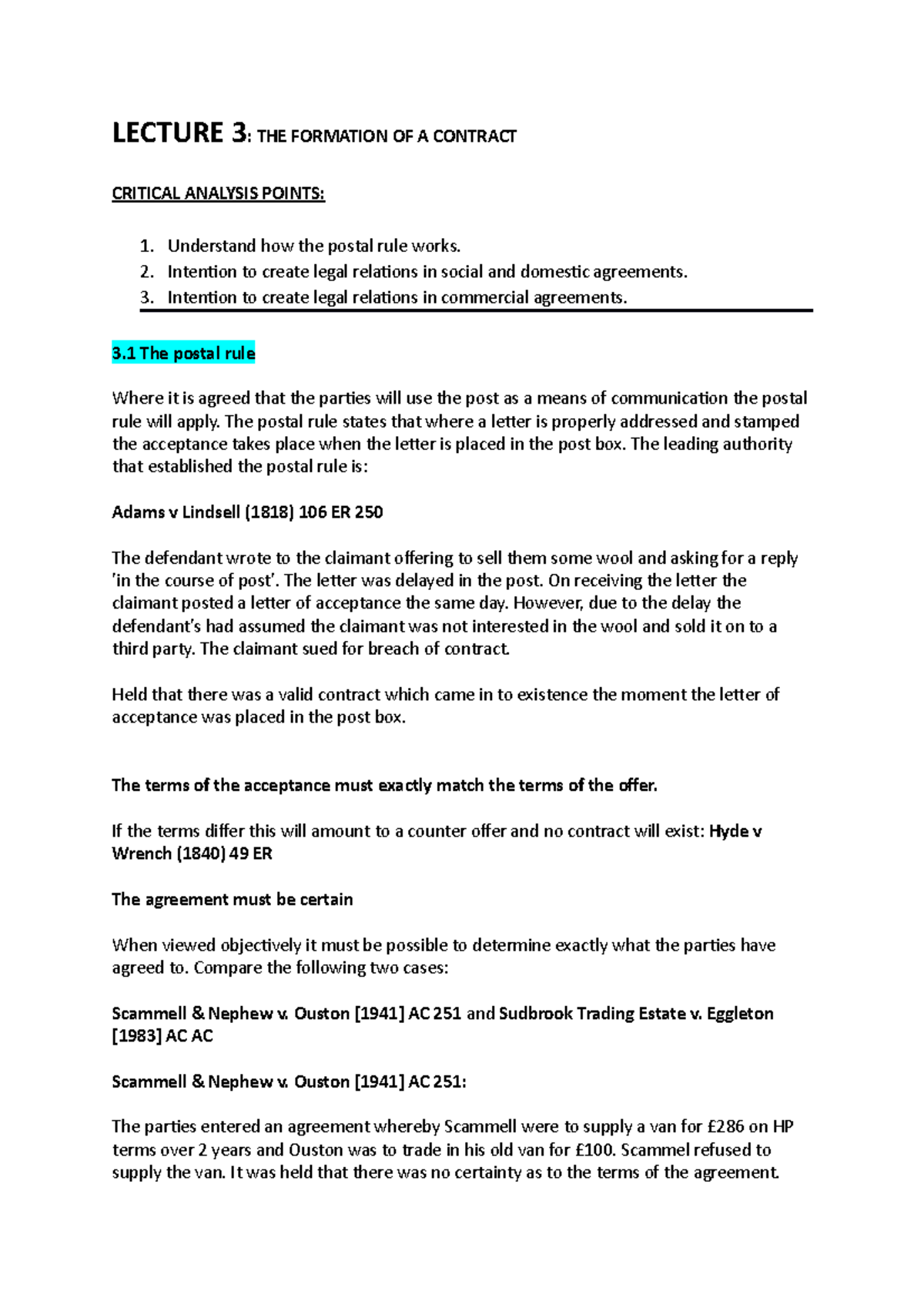 Lecture 3 - LECTURE 3: THE FORMATION OF A CONTRACT CRITICAL ANALYSIS ...