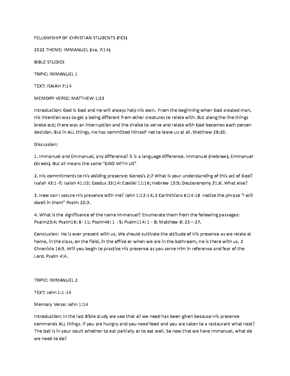 Immanuel Bible Studies - FELLOWSHIP OF CHRISTIAN STUDENTS (FCS) 2022 ...