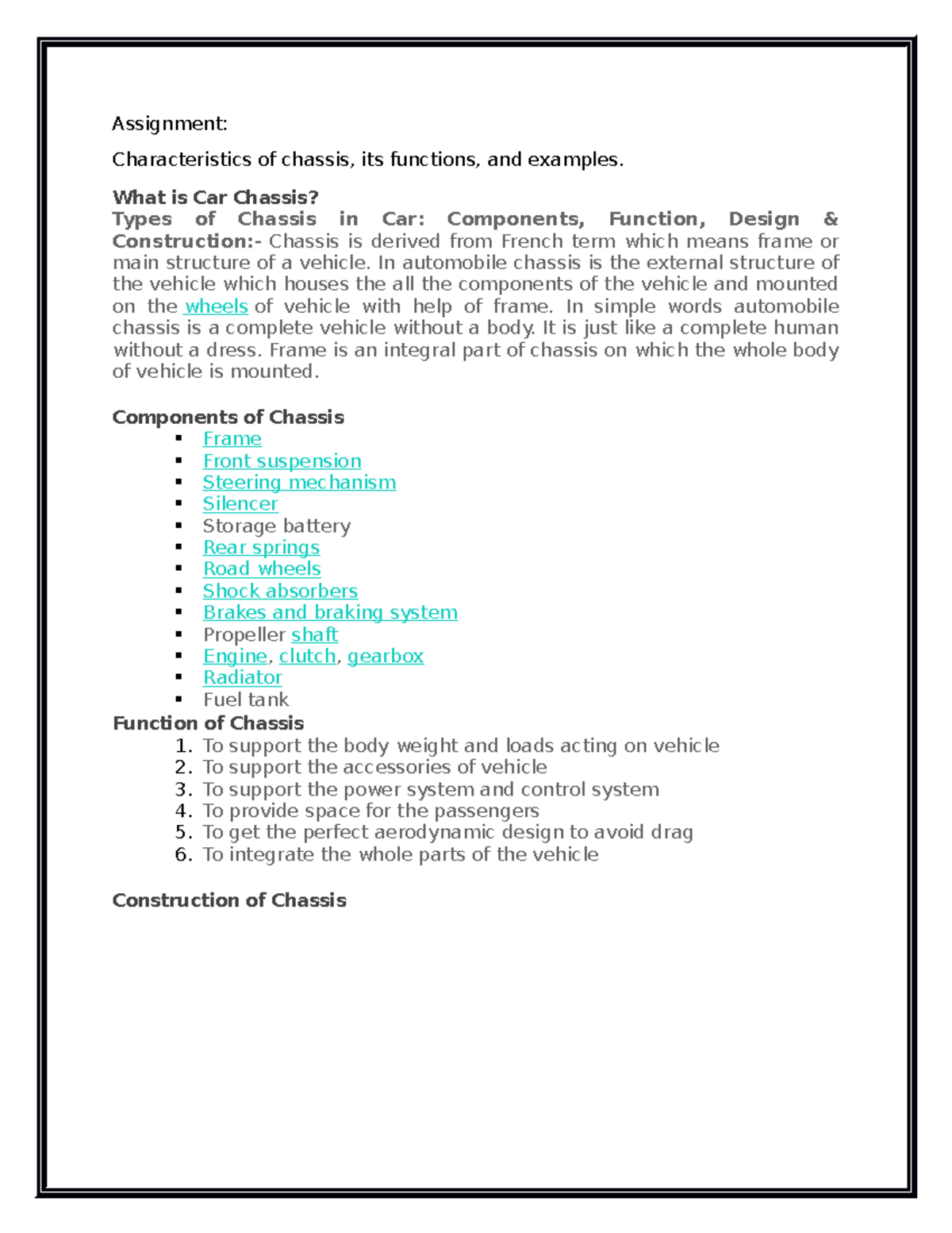 Automotive - Characteristics of Chasis - Assignment: Characteristics of ...