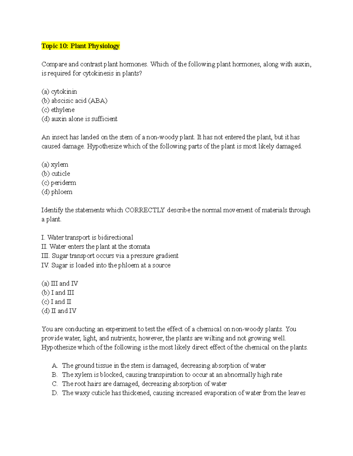 General Biology Exam II Practice Test - Topic 10: Plant Physiology ...