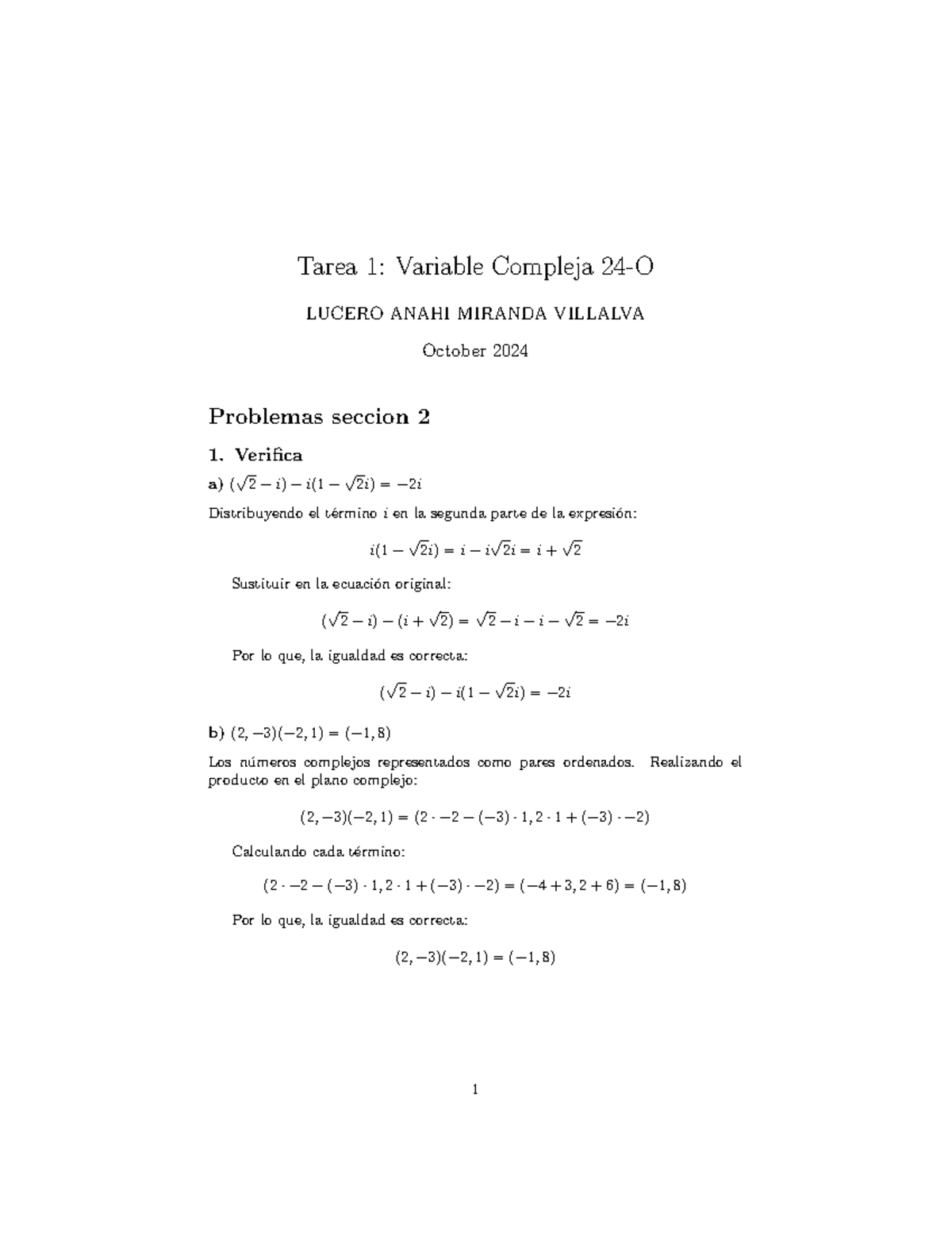 Tarea 1 Variable compleja 24 O - Tarea 1: Variable Compleja 24-O LUCERO ANAHI MIRANDA VILLALVA ...