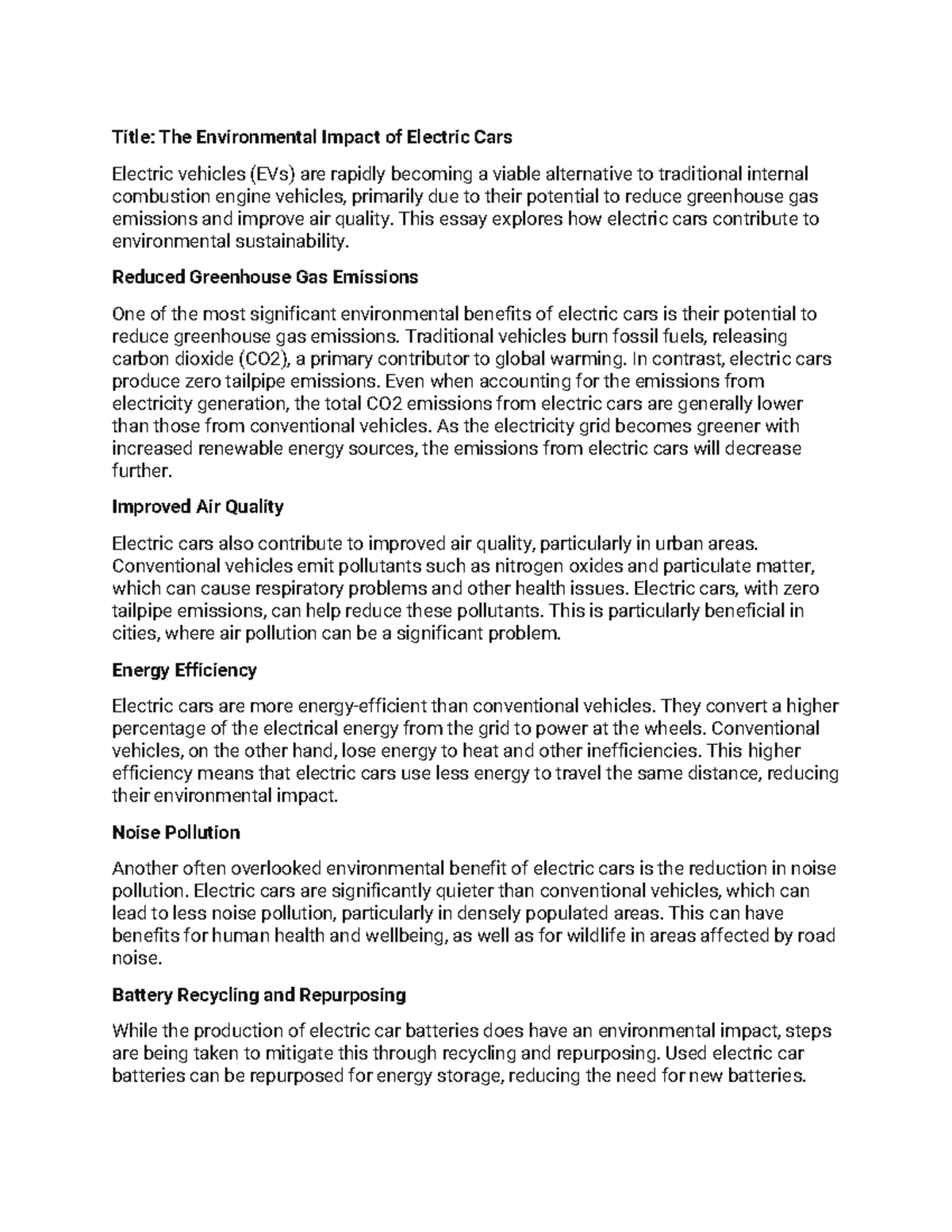 Electric Cars for environment benefits - Title: The Environmental ...