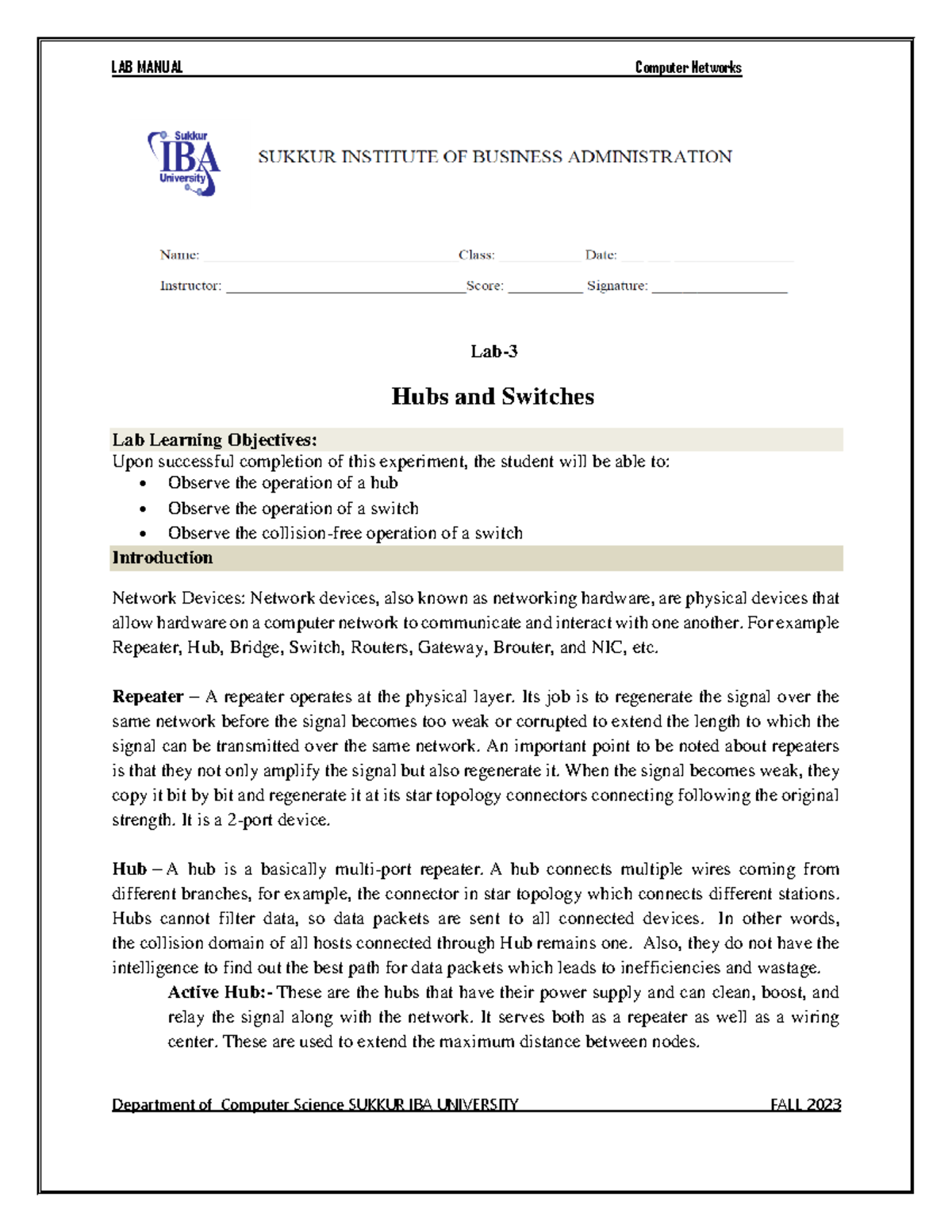LAB Three Hubs and Switches - Lab- 3 Hubs and Switches Lab Learning ...
